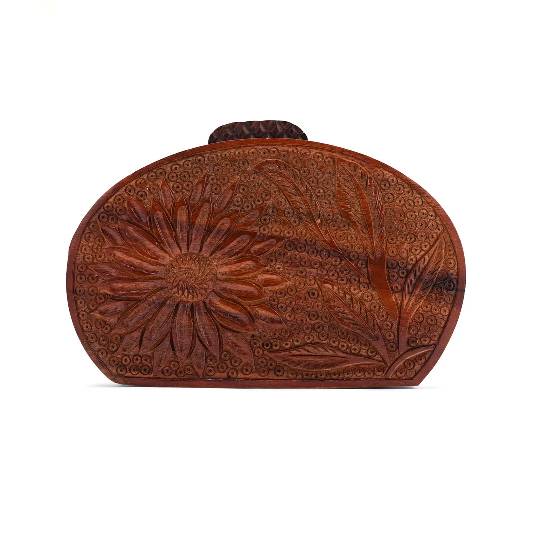 Artisian Handcarving Wooden Clutch Purse, Retro Floral Wood Design ...