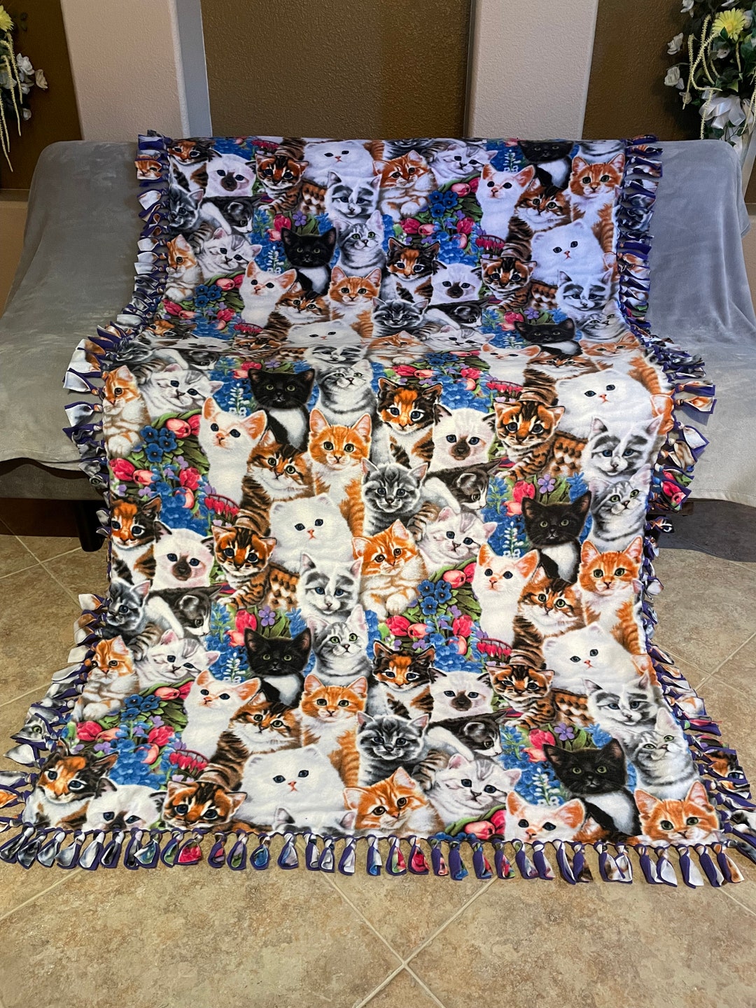 Cats on Cats Hand Made Double Thick Fleece Tie Blanket/ Throw Blanket ...