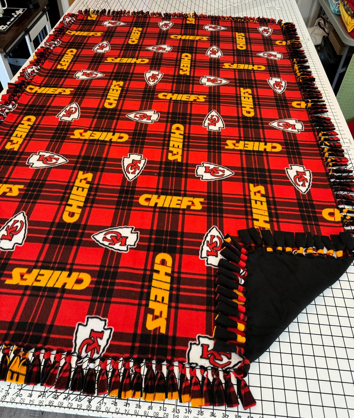 Kansas City Chiefs Plaid Handmade Double Thick Fleece Tie Blanket 52"x ...