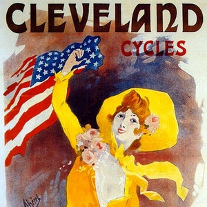 Cleveland Cycles Bicycle Bike Girl American USA Flag Vintage Poster ...