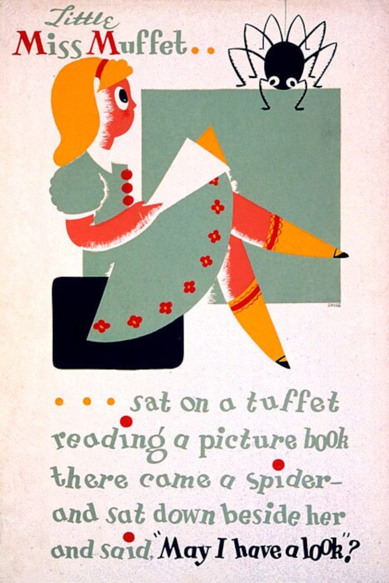 Children Girl Reading Book Spider Looks Little Miss Muffet Vintage ...