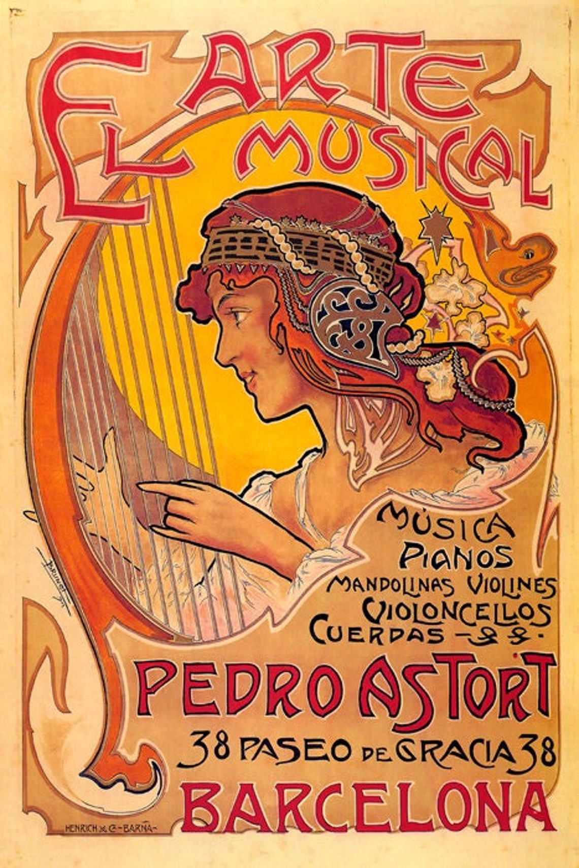 Spain Arte El Musical Woman Playing Harp Barcelona Music - Etsy