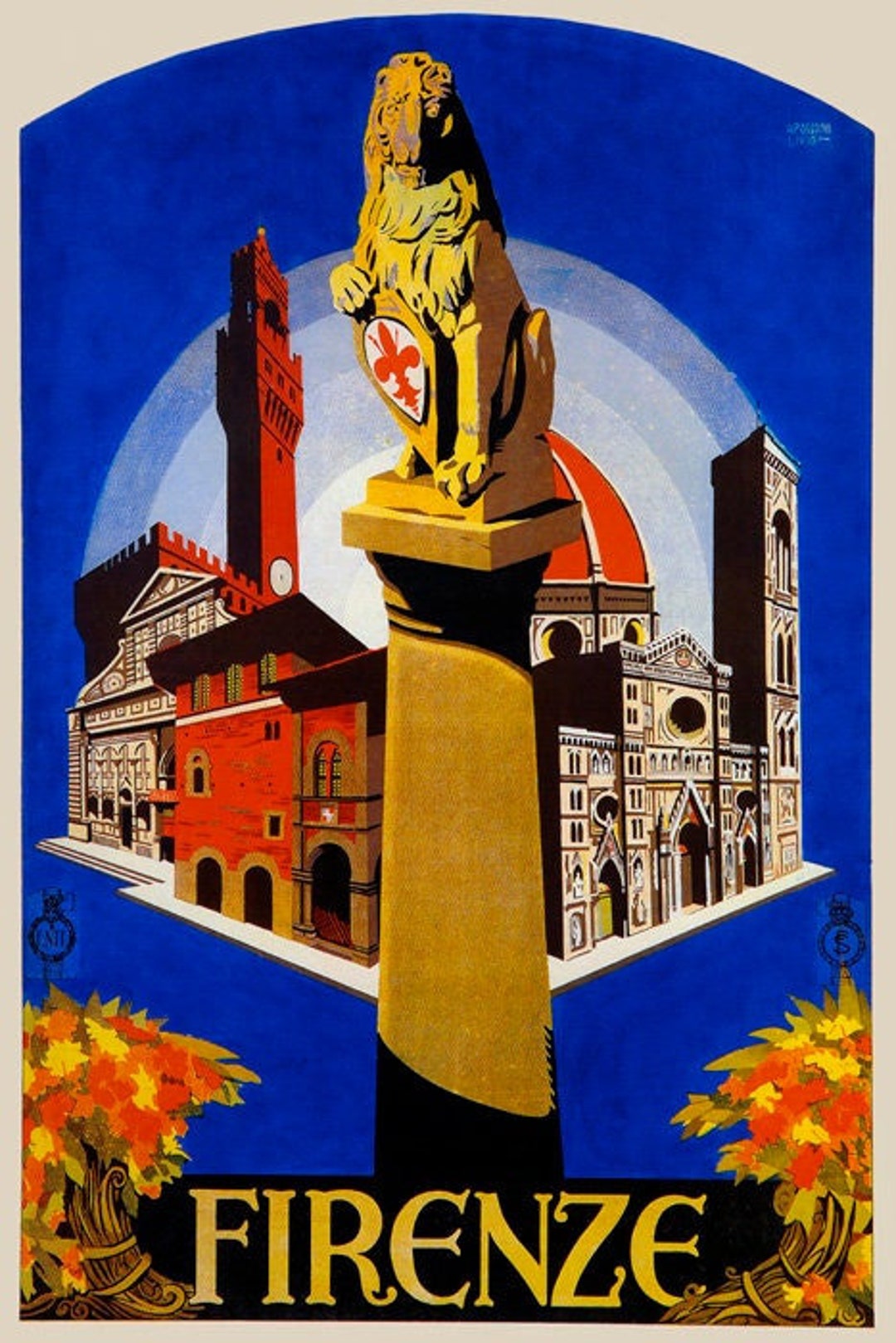 Firenze Marzocco Lion Symbol of Florence Landmarks Italy Vintage Poster ...