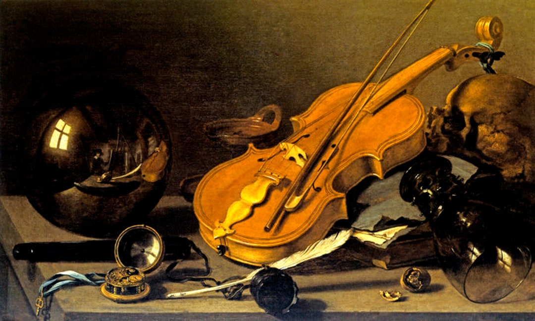 Vanitas Still Life Mortality Violin Skull Watch Painting by Pieter ...