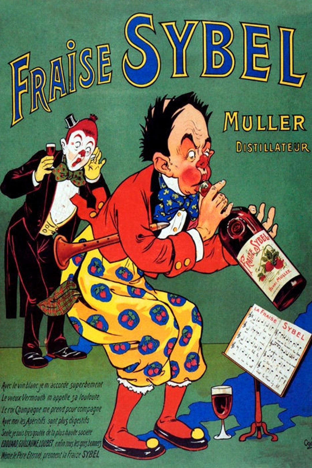 Clown Playing Flute on Bottle Fraise Sybel Aperitif French Vintage ...