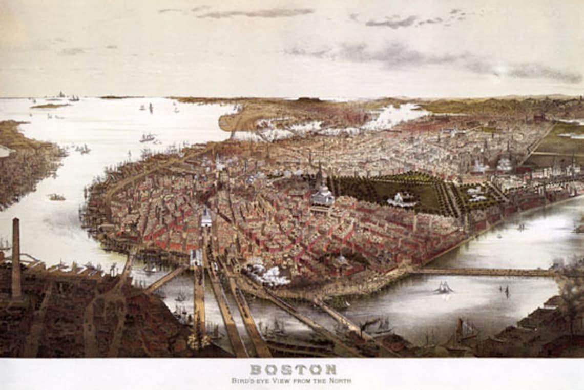 1800'S Birds Eye View Map Park Street Boston From North | Etsy