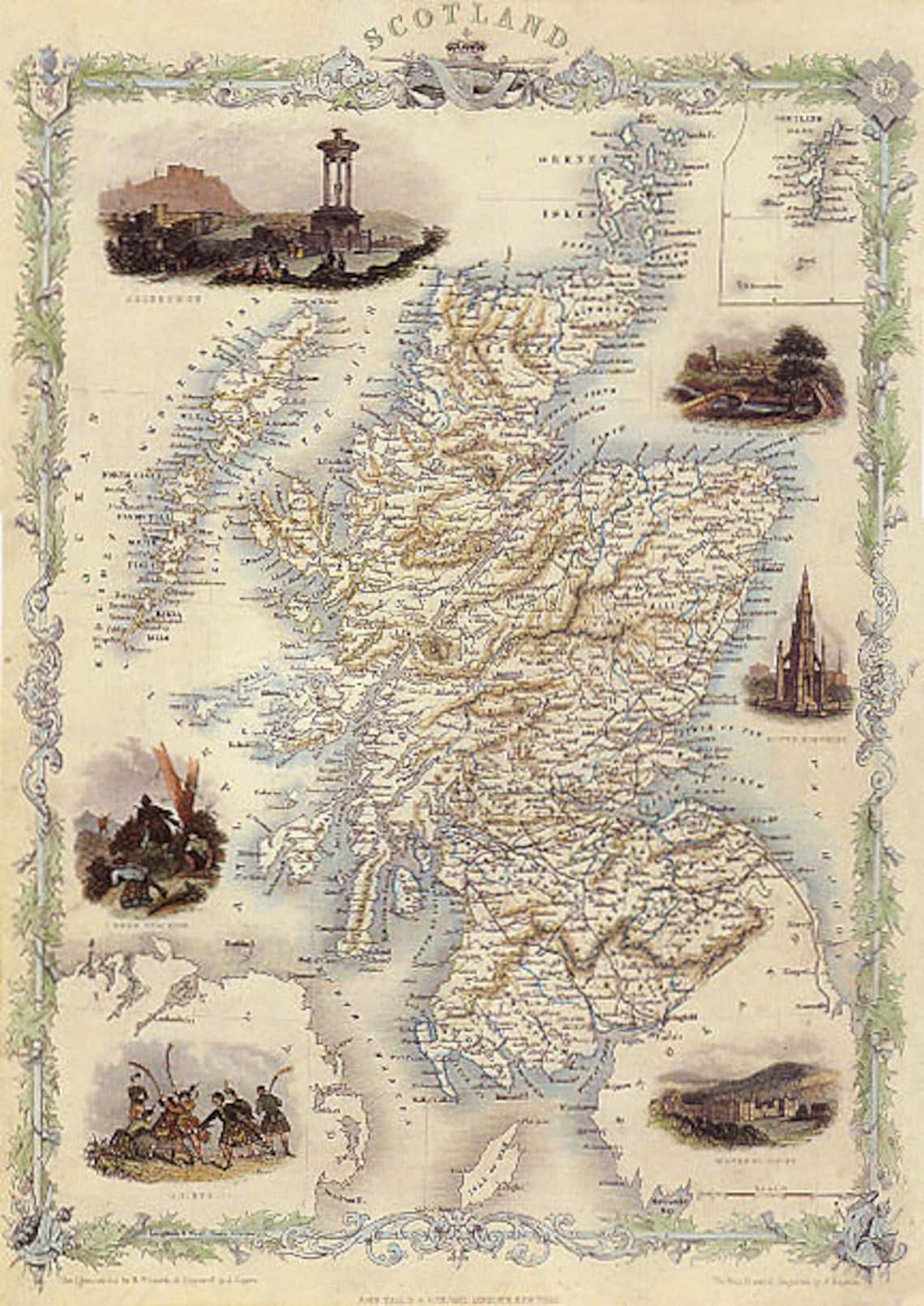 1800'S Map Scotland Europe Edinburgh Shinty Perthy Bird | Etsy