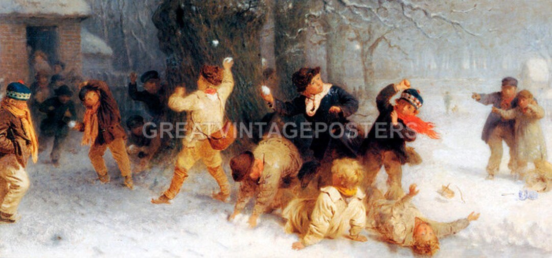 Boys Snowballing Winter Children Play Snow Painting Art by John Morgan ...
