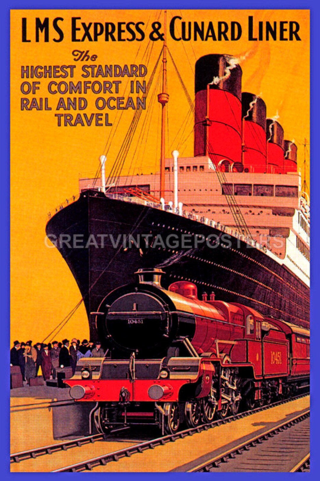 LMS Express Cunard Liner Train Ship Rail Ocean Travel Vintage Poster ...