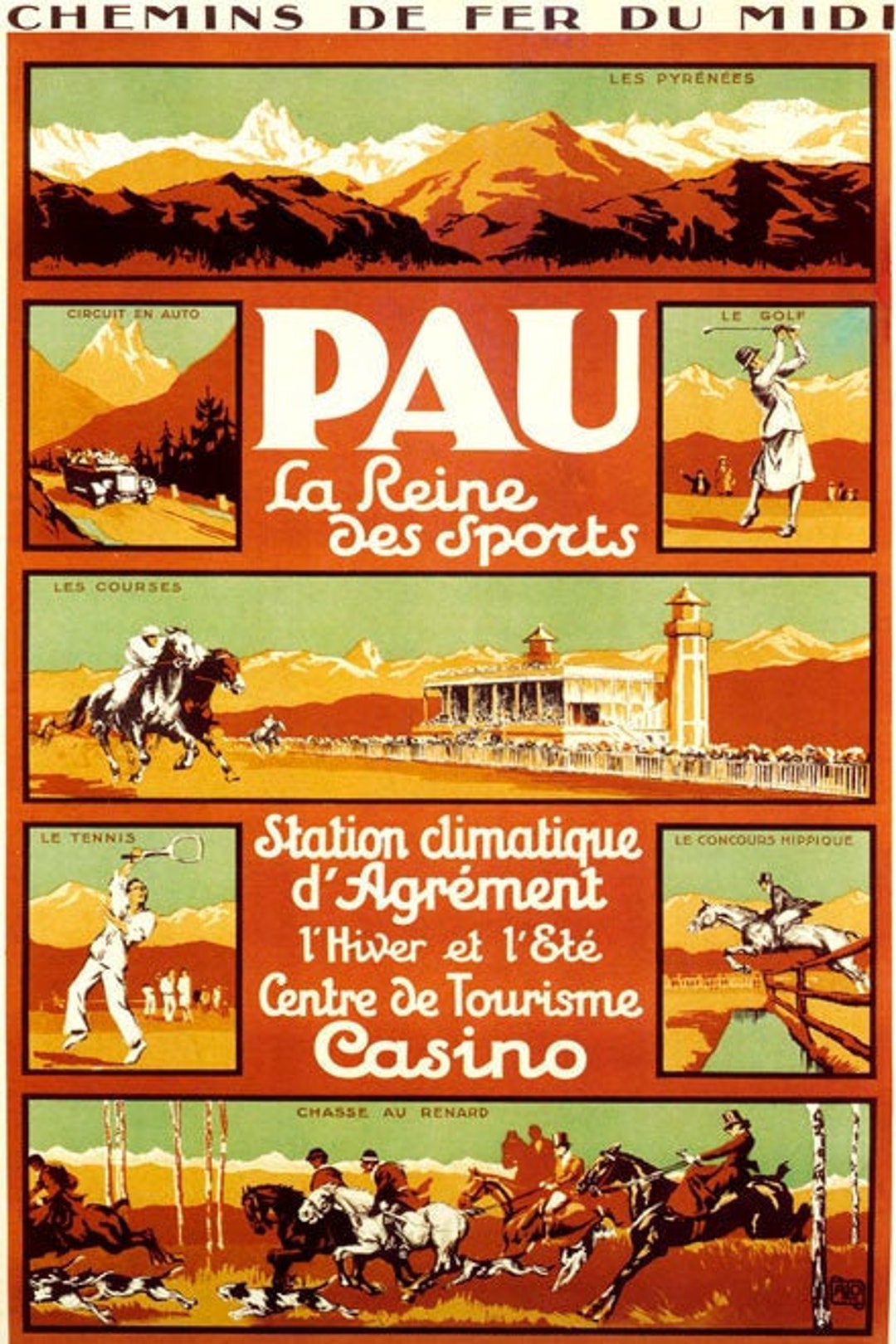 French Pau France Queen of Sport Equestrian Tennis Golf Vintage Poster ...