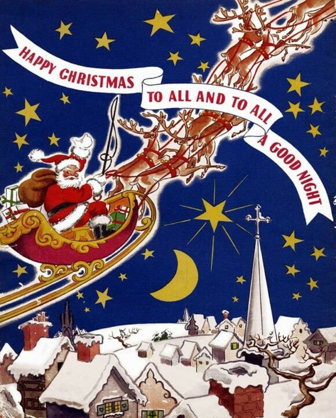 Happy Christmas And Good Night Santa Claus Reindeer Sleigh | Etsy