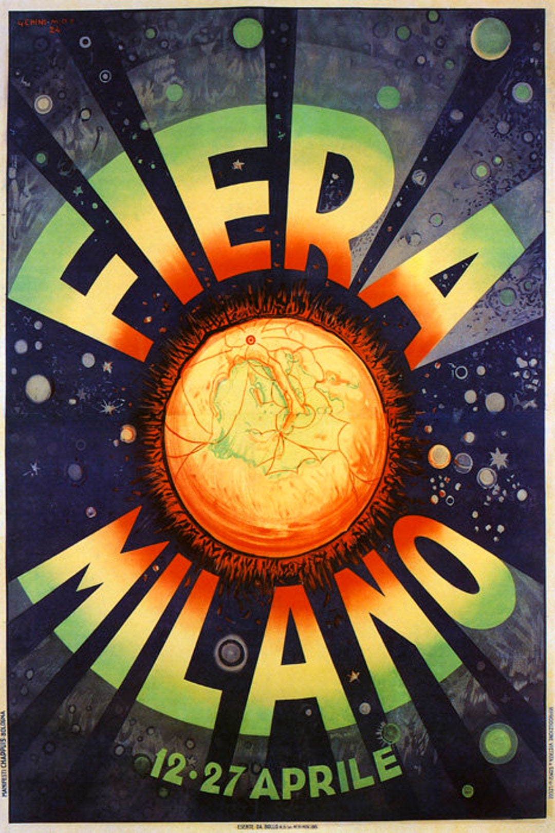Italy Fiera Milano Milan Fair Sun Stars Planets Italian Vintage Poster ...