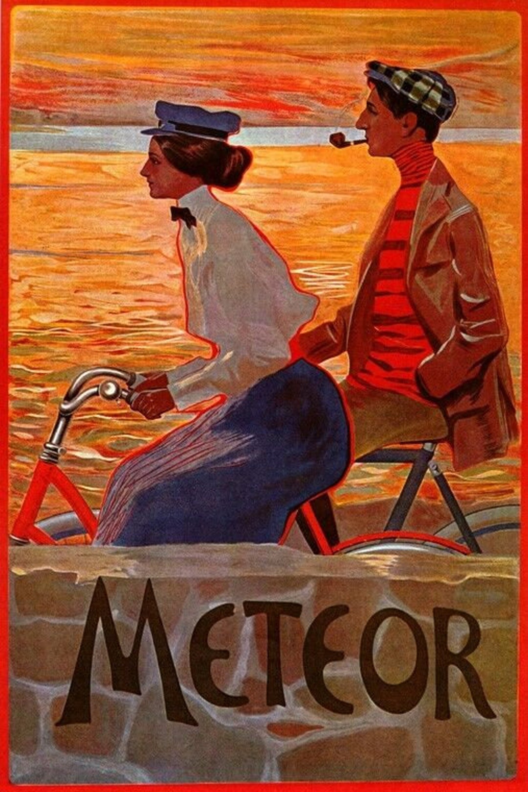 Meteor Bicycle Cycling Couple Riding Bike at Sunset Vintage Poster ...