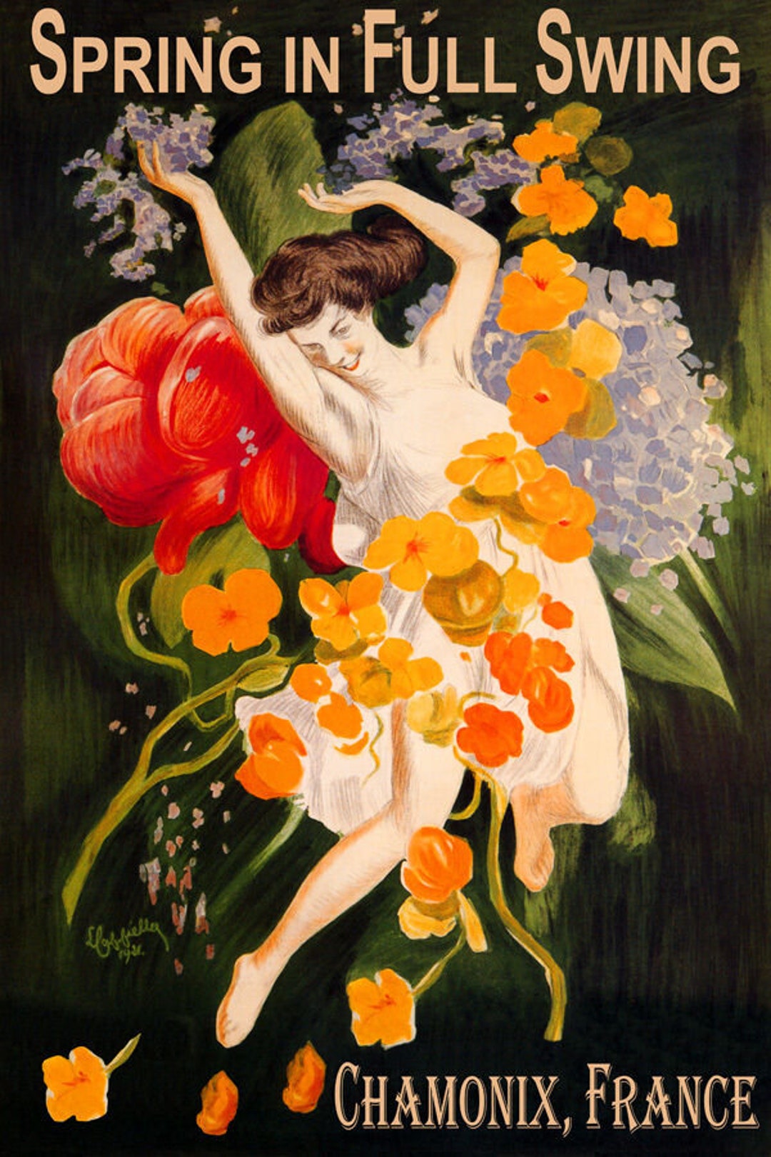 Chamonix France Spring in Full Swing Girl Dancing Flowers Vintage ...