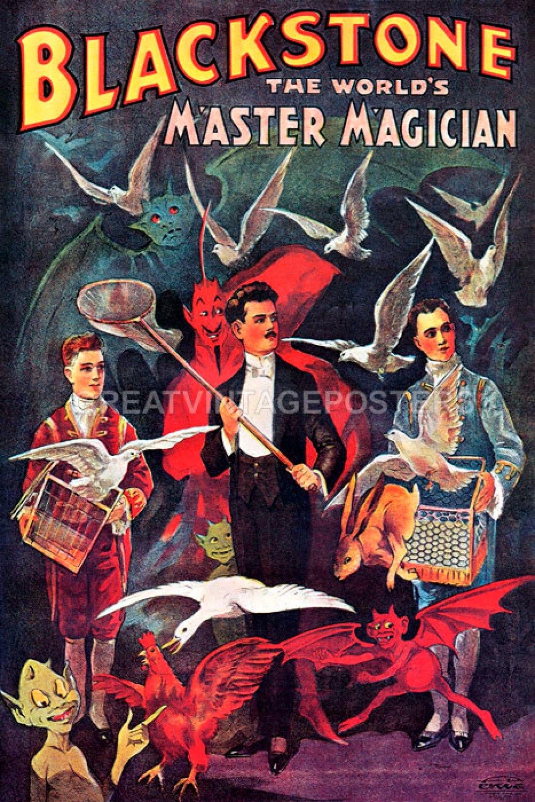 Magic Blackstone Magician Show Red Devil Rabbit Dove Vintage Poster ...