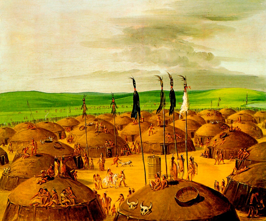 Birds Eye View Mandan Village American USA Indian 1837 by George Catlin ...