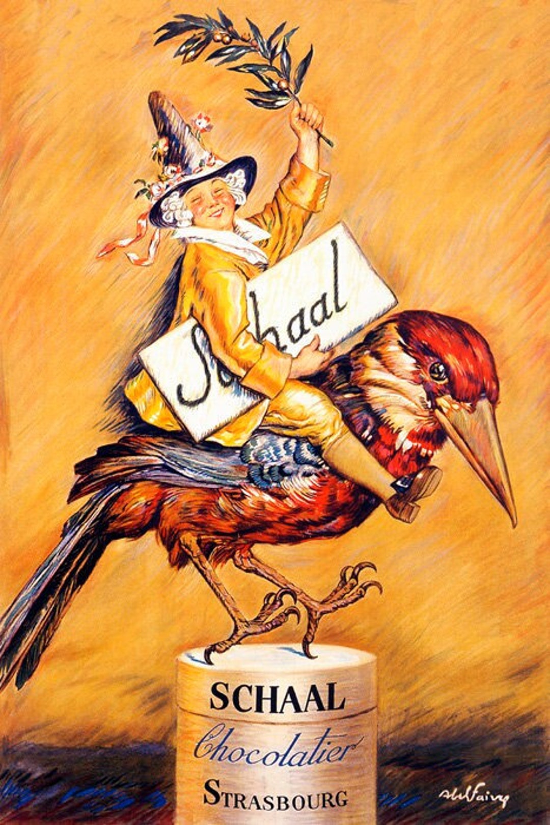 Schaal Chocolatier Wizard Riding Bird Chocolate French Vintage Poster ...