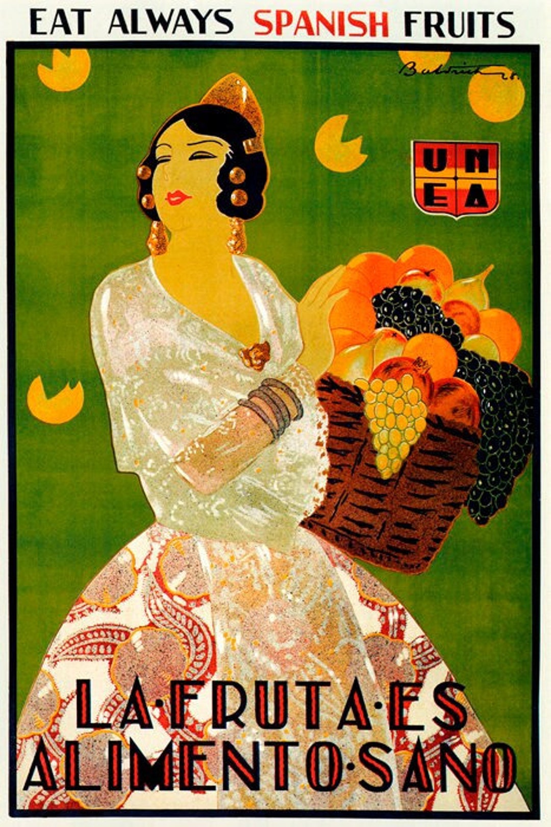 Eat Always Spanish Fruits Healthy Food Woman With Basket Vintage Poster ...