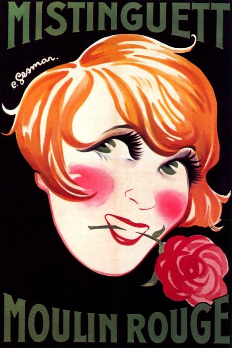 Mistinguett French Actress Singer Face Rose Moulin Rouge Vintage Poster ...