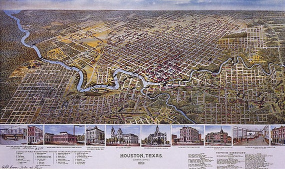 1800'S Map Houston Texas Streets Bird Eye View Landmarks | Etsy