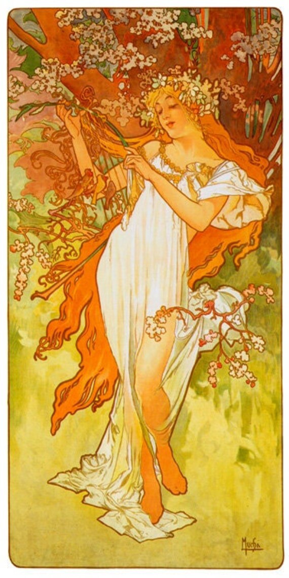 Spring Flowers Girl the Four Seasons by Mucha Vintage Poster | Etsy