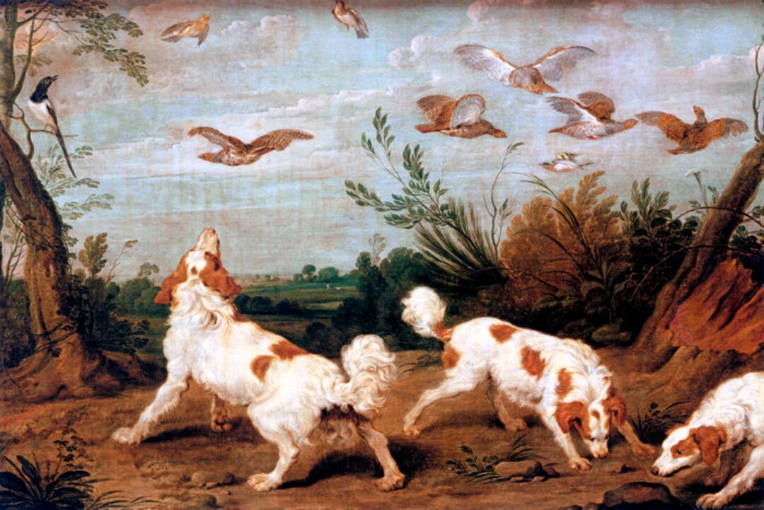 Partridge Hunt Dogs Animal Hunting Scene Painting by Paul De Vos Repro ...