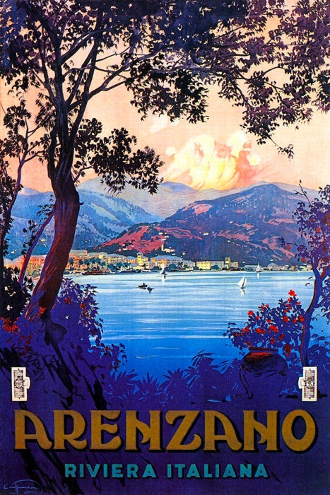 Italy Arenzano Liguria Italian Riviera Ocean View Travel Vintage Poster ...