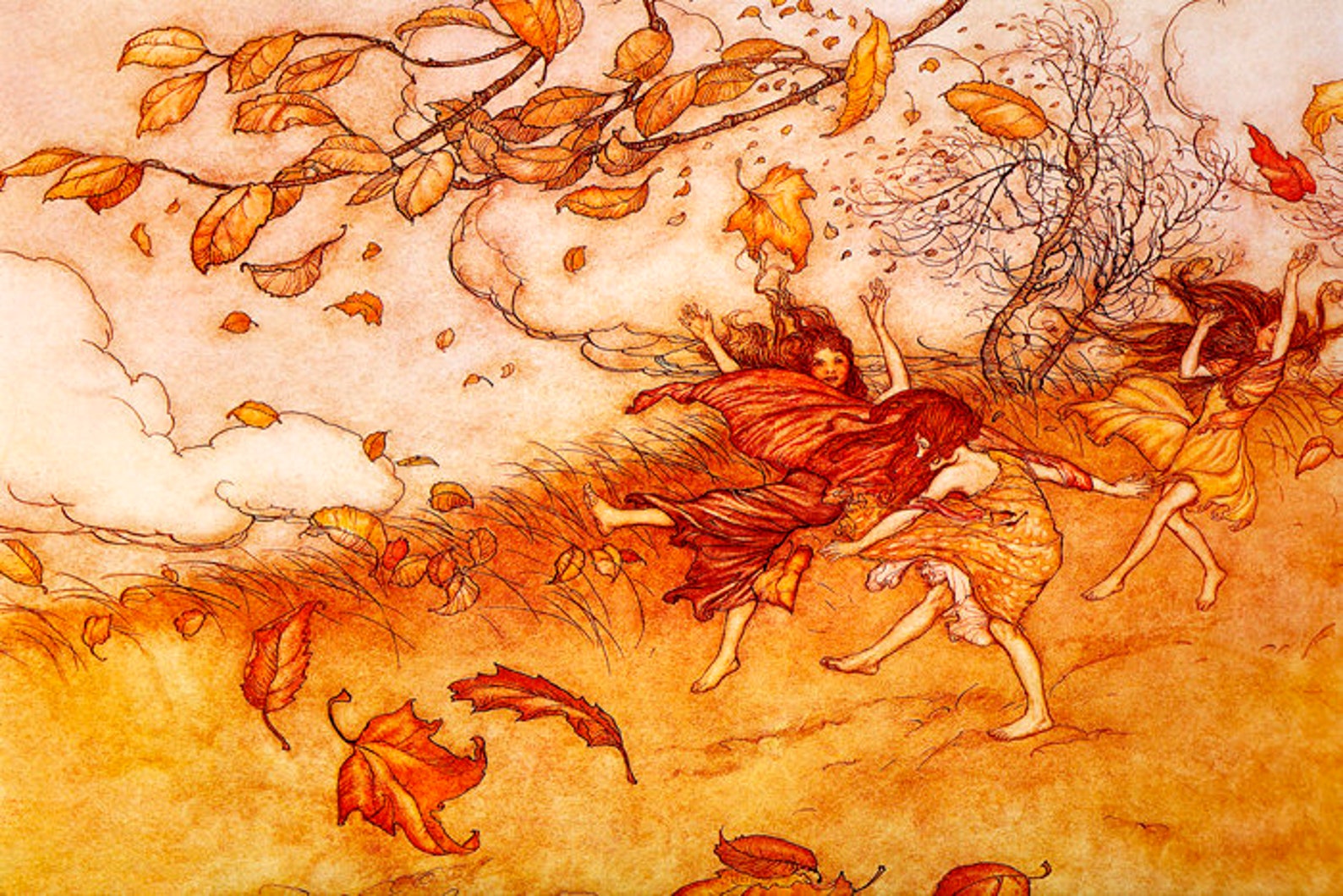 Autumn Fairies Wind Flying Leaves Fairy Illustration by Arthur - Etsy
