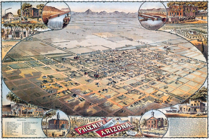 1800'S Birds Eye View Map Phoenix Arizona Landmarks Vintage Poster ...