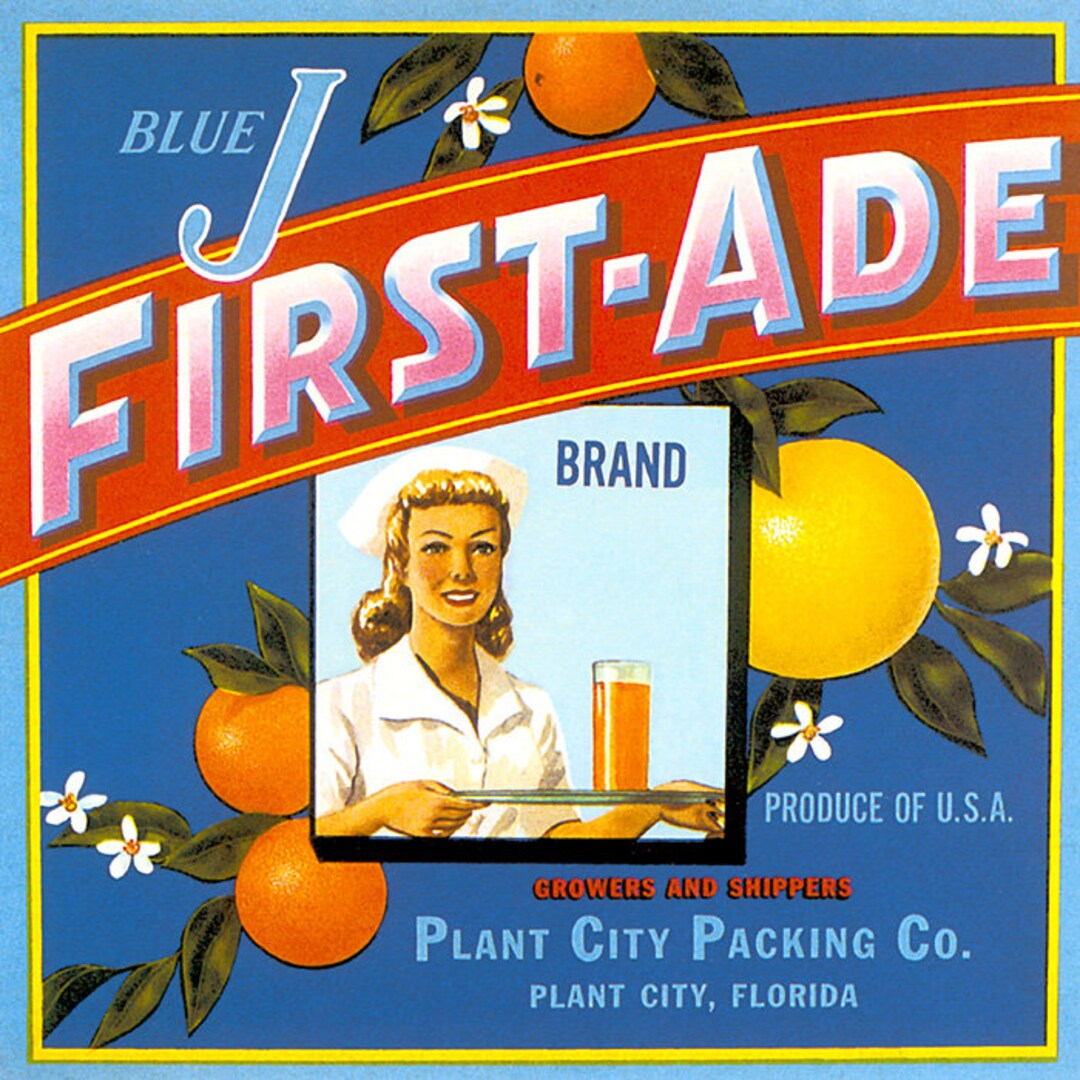 Blue J First Ade Brand Orange Juice Florida USA Fruit Vintage Poster ...