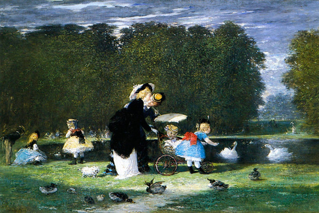 Mother Children Play Park Goose Duck Dog French Painting by Henri P ...