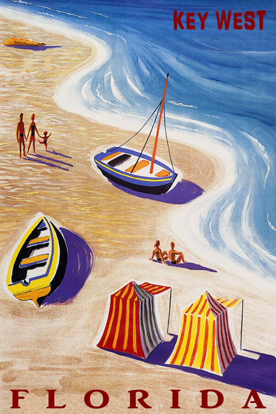 Key West Florida Beach Fun Sailboat Sea Waves Summer Travel Vintage ...