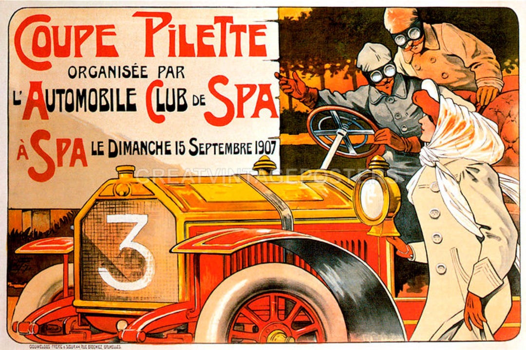 1907 Coupe Pilette Automobile Club De Spa Car Racing Vintage Poster ...