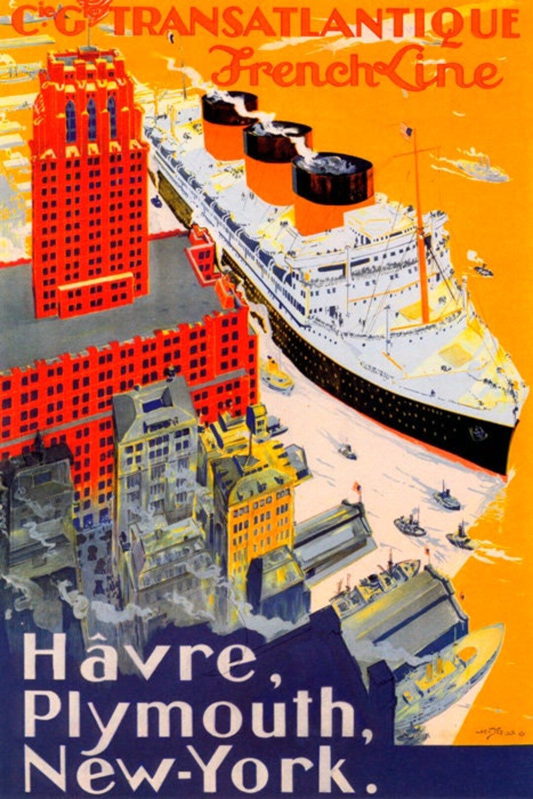 Transatlantic French Line Havre New York Cruise Travel Vintage Poster ...