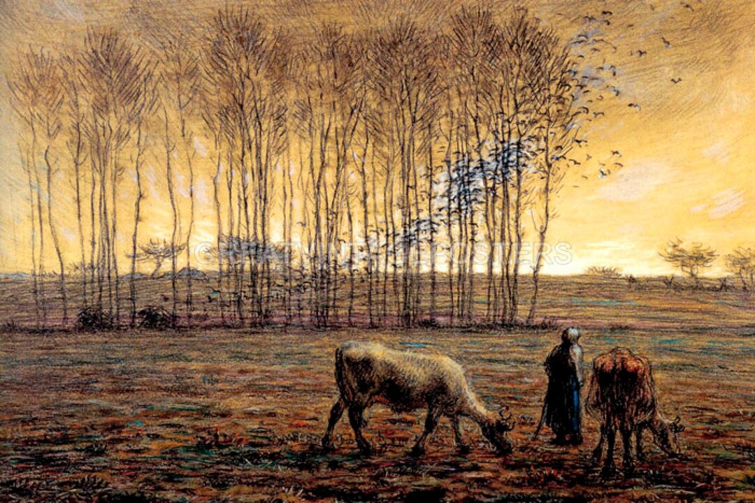 Flight of Crows Peasant Pasturing Her Cows Field Birds Painting by ...