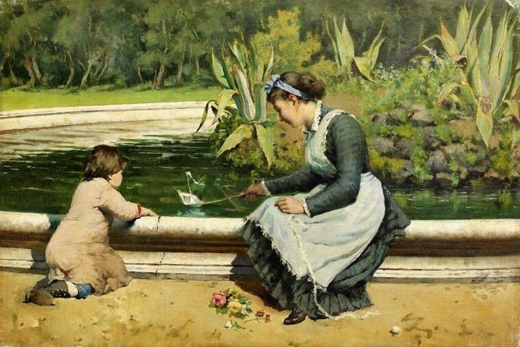 The Game at Villa Tasca Child Nanny Italian Painting by Antonino Leto ...