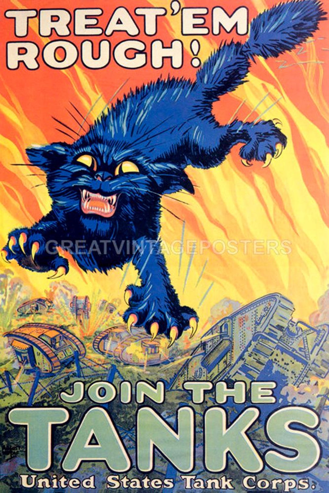 Treat 'em Rough Join the Tanks Corps United States War Cat Vintage ...