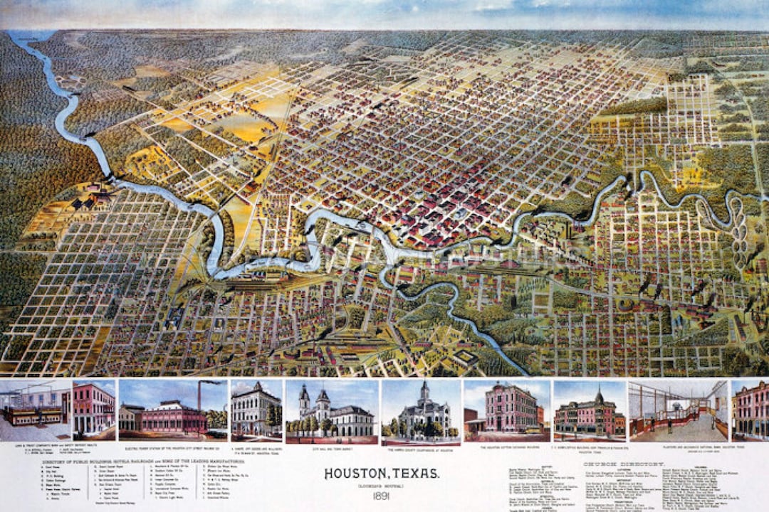 1800'S Map Houston Texas Streets Bird Eye View Landmarks Usa Vintage ...