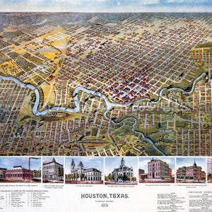1800'S Map Houston Texas Streets Bird Eye View Landmarks Usa Vintage ...