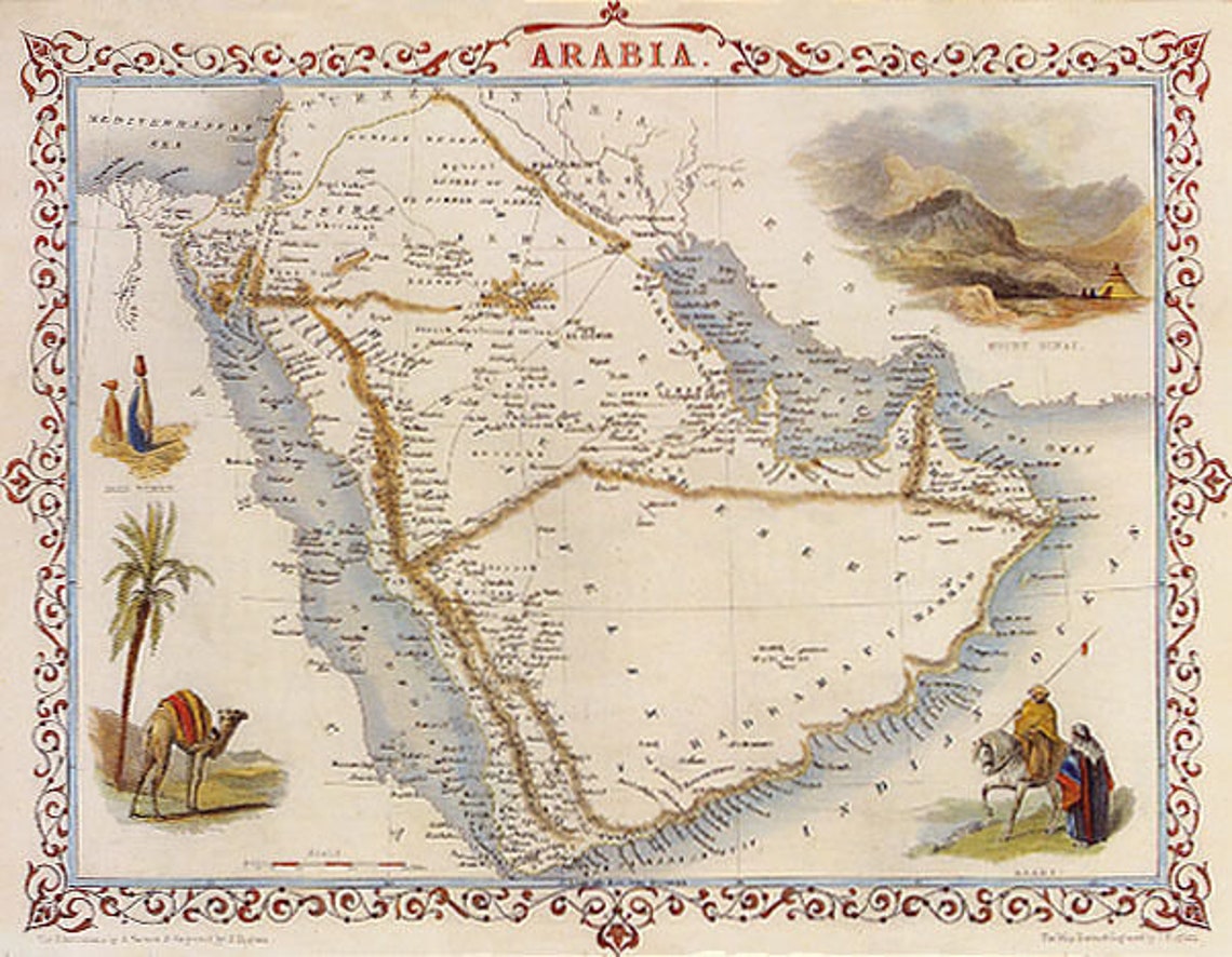1800'S Map Bird Eye View Arab Sinai Camel Arabia Red Sea | Etsy