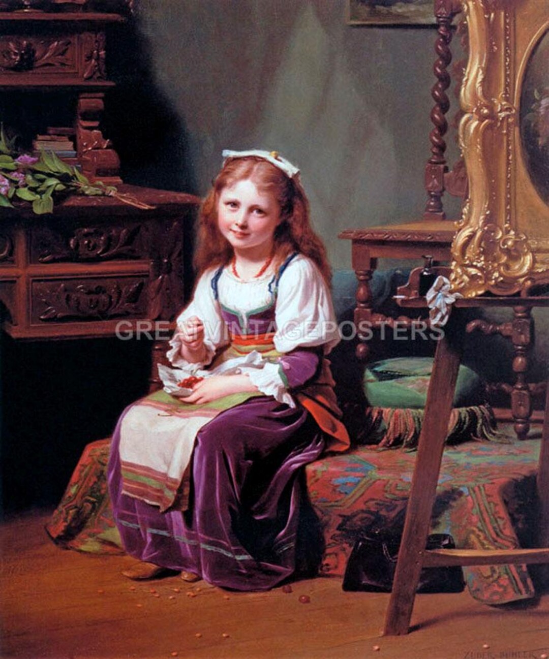 Girl the First Cherries Fruit Painting by Swiss Zuber Buhler Fritz ...