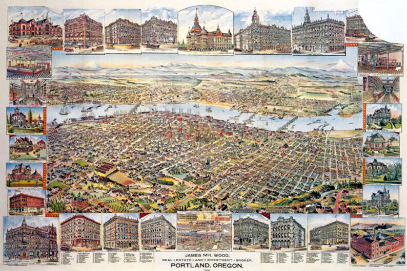 1890 Map Portland Oregon Landmarks United States American | Etsy