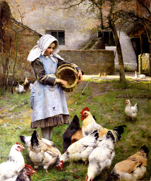 Girl Feeding the Chickens Farm 1885 Painting by Walter Frederick ...