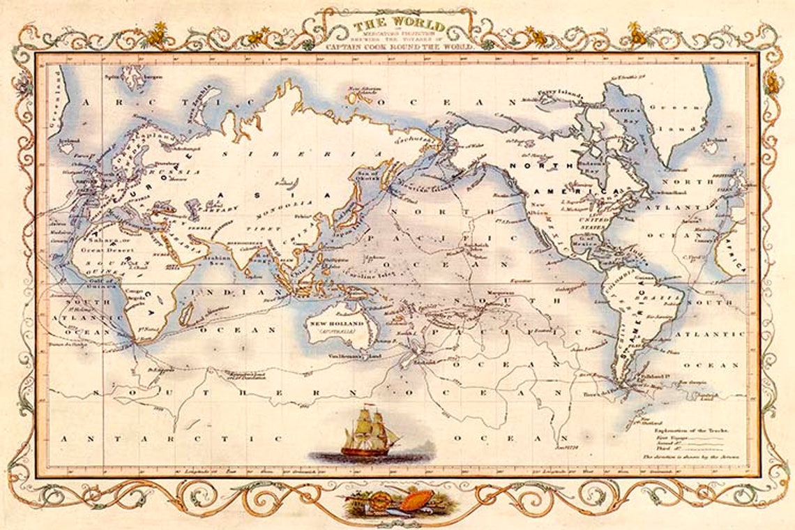 World Old Map Mercator Captain Cook Globe Travel Sailboat Boat - Etsy