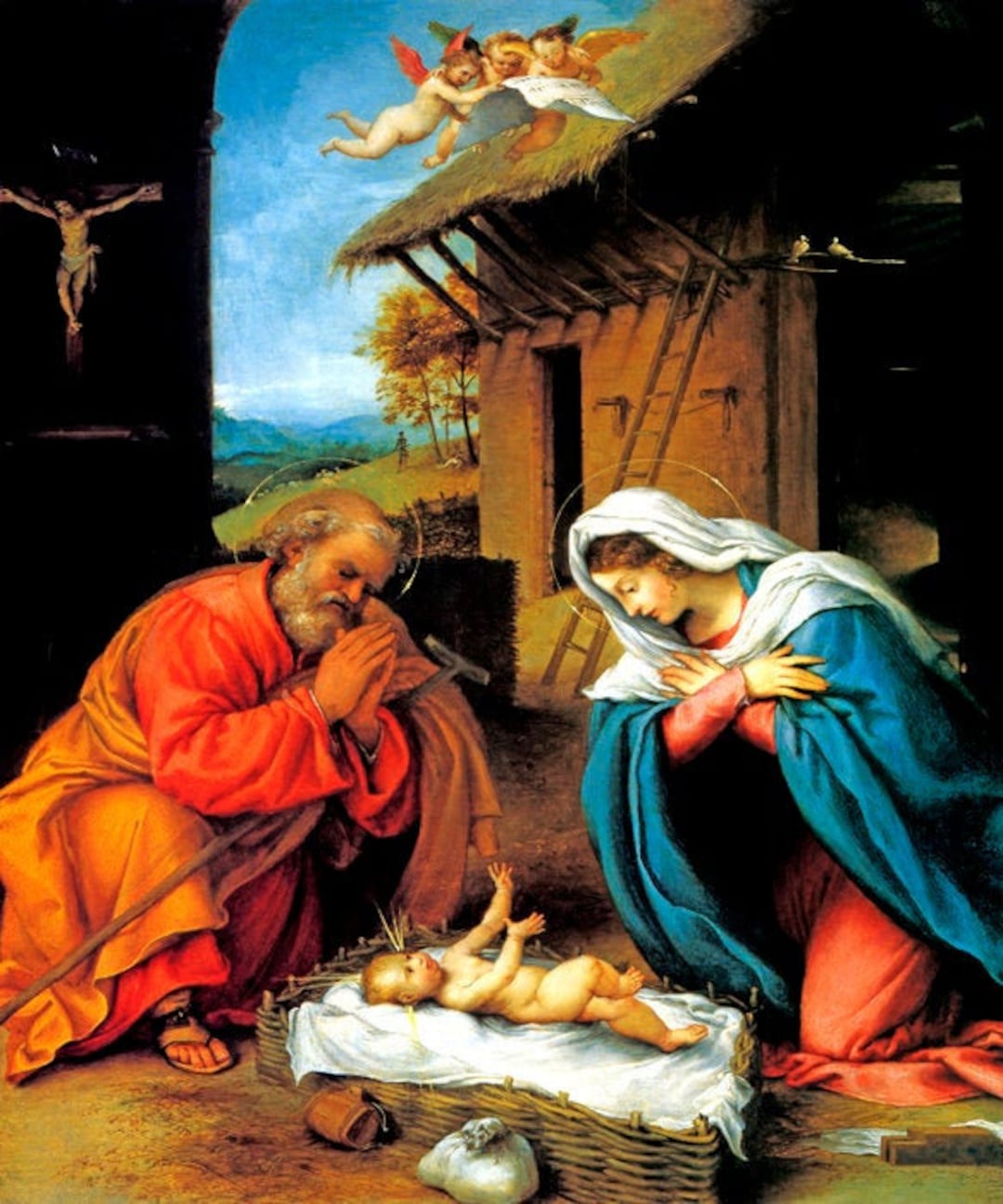 Nativity Joseph Mary Baby Jesus Manger Angels Painting by Lorenzo Lotto ...
