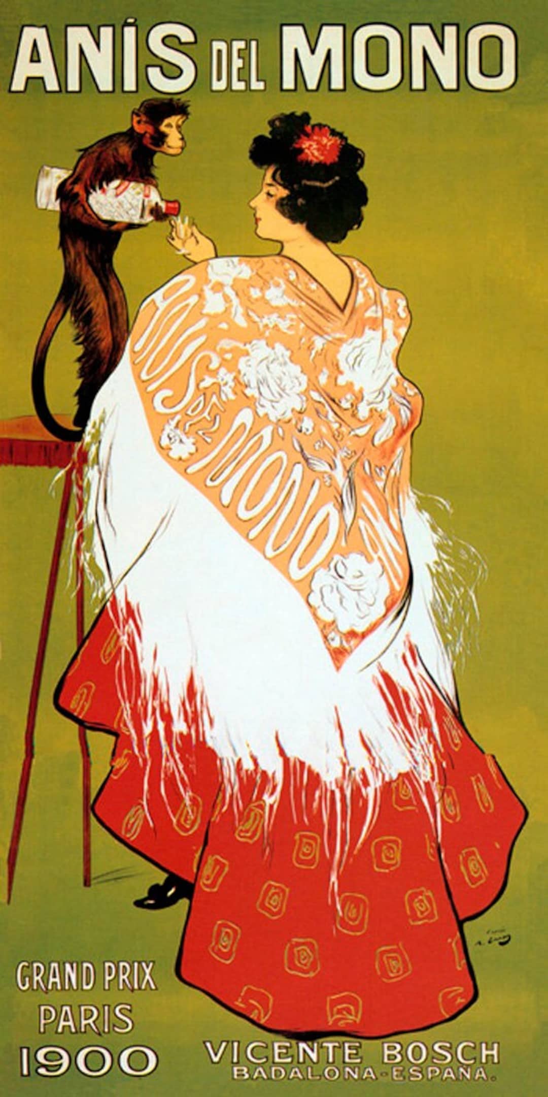 Anis Del Mono Spanish Anisette Drink Monkey Woman Paris Vintage Poster ...