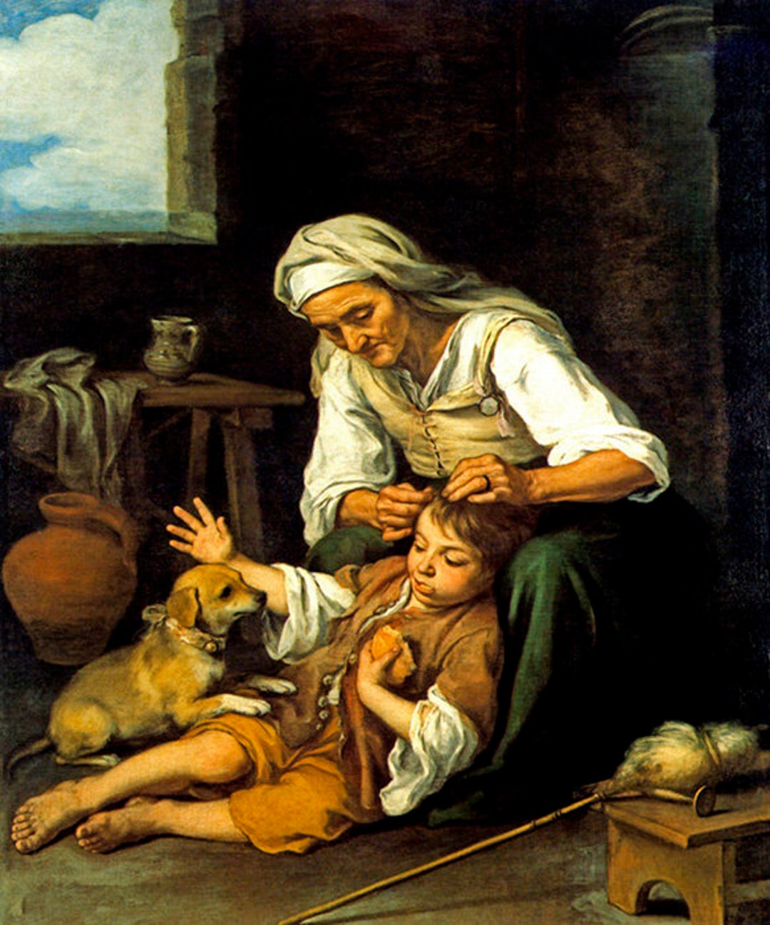 Old Woman Delousing A Boy Dog 1655 Painting by Bartolome Esteban ...