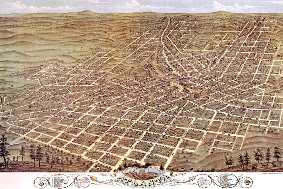 1871 Birds Eye View Map Atlanta Georgia USA Poster Reproduction - Etsy