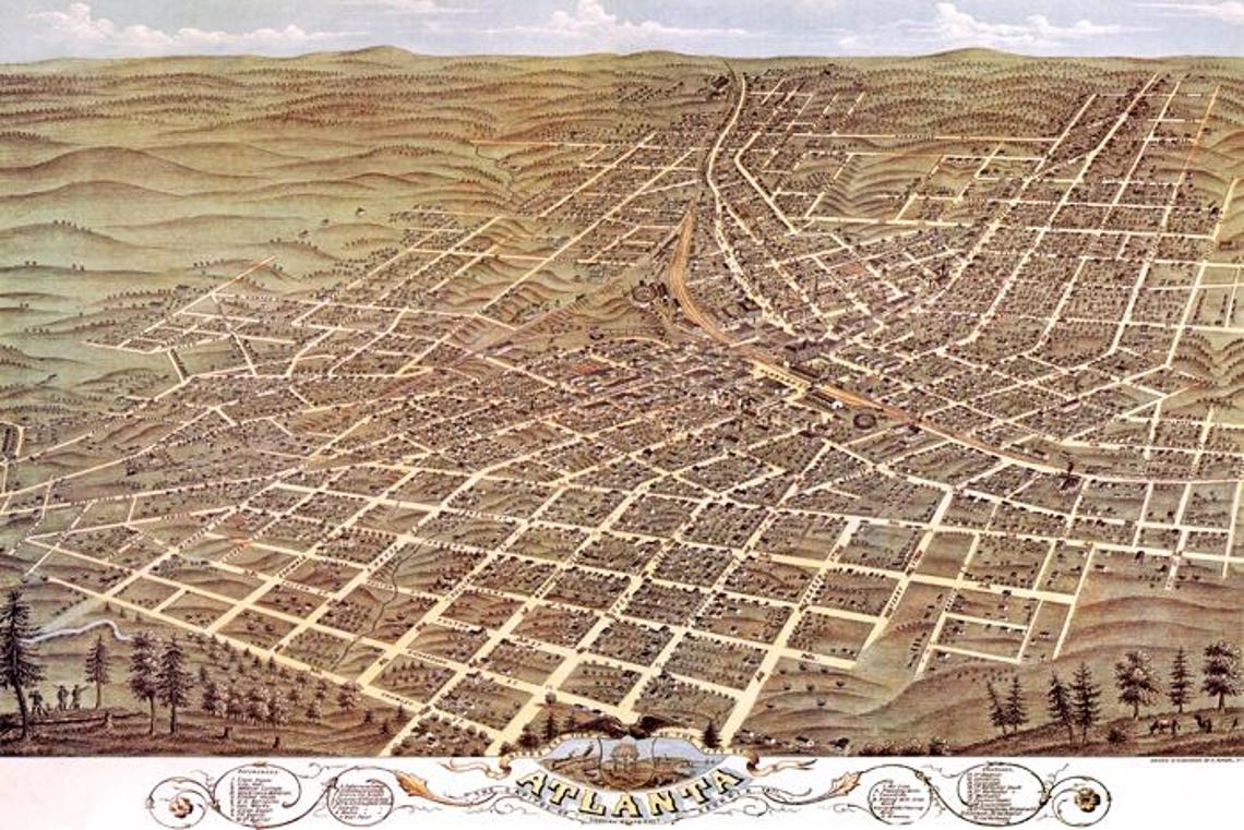 1871 Birds Eye View Map Atlanta Georgia USA Poster Reproduction - Etsy