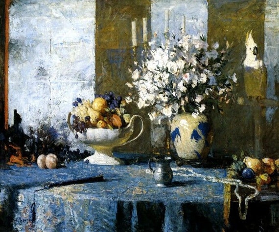 Still Life Table Flowers Fruits Bird American Painting by | Etsy